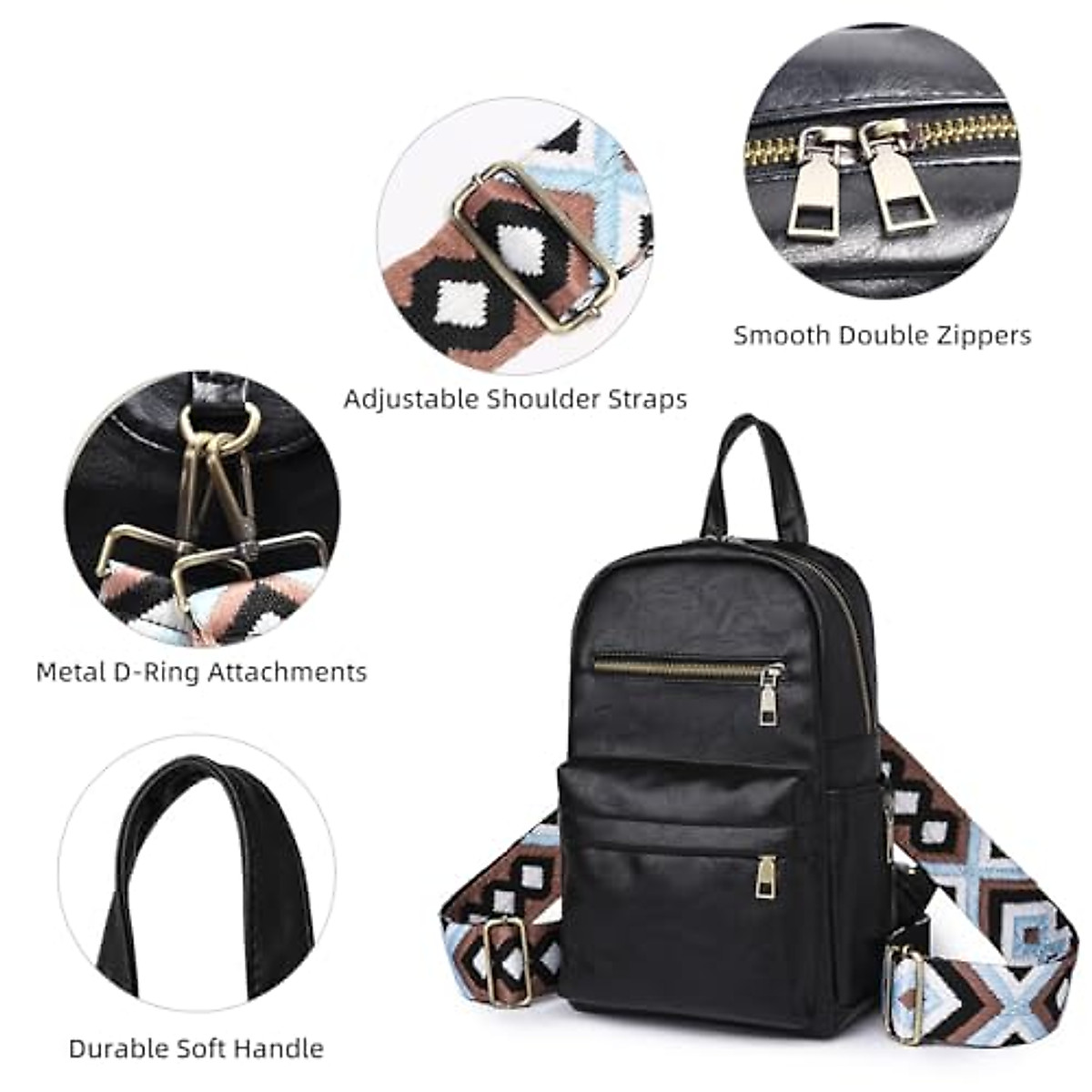ALUSBELL Vintage Sling Bag Sling Backpack for Men Women, Vegan Leather Crossbody Bag Fanny Packs, Fashion Chest Bag Daypack with 2 Adjustable Straps,Black