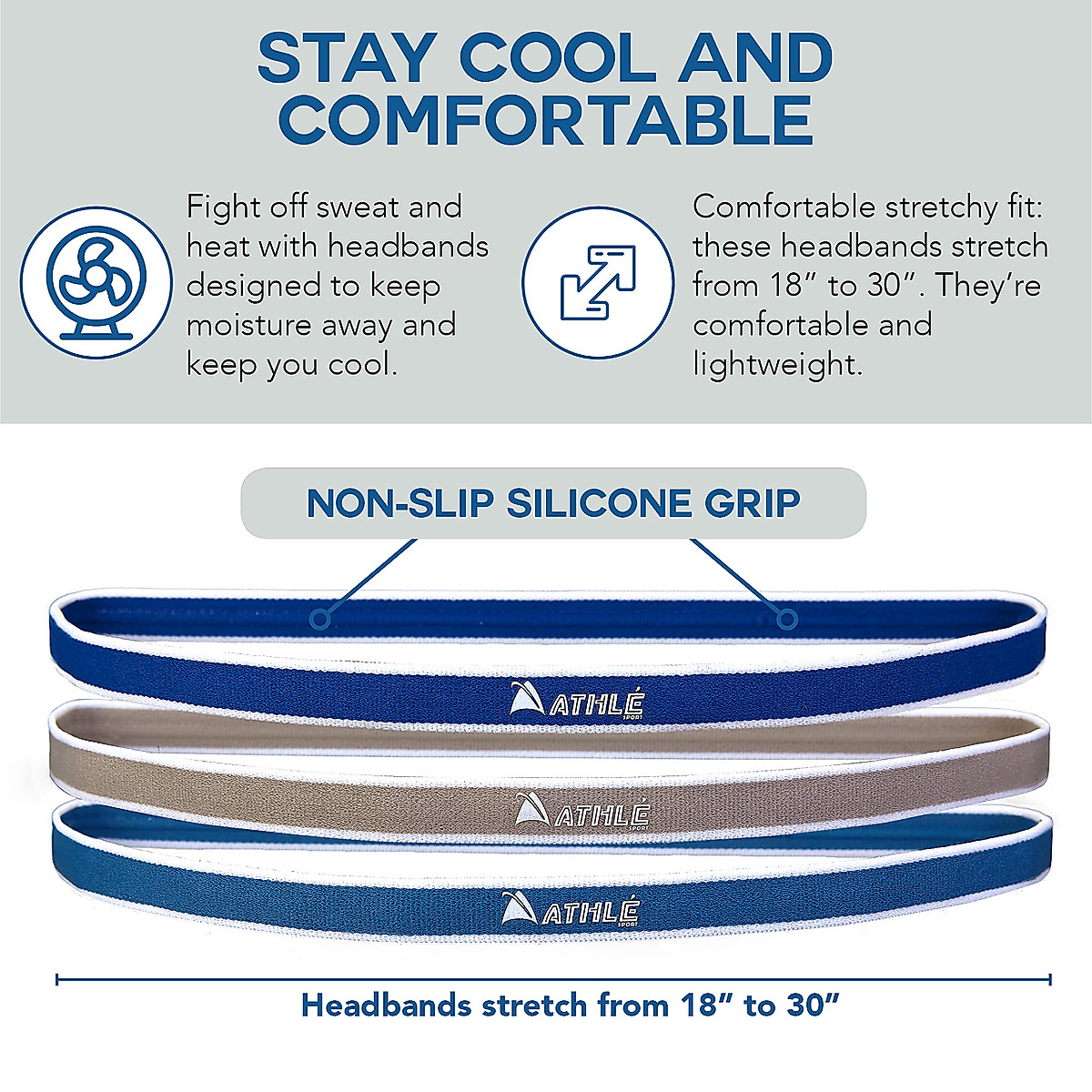 Athlé Skinny Headbands for Women and Men - 6 Pack - Elastic Headbands for Women and Men - Non Slip Silicone Grip - Lightweight and Comfortable Thin Headbands - Blue, Grey