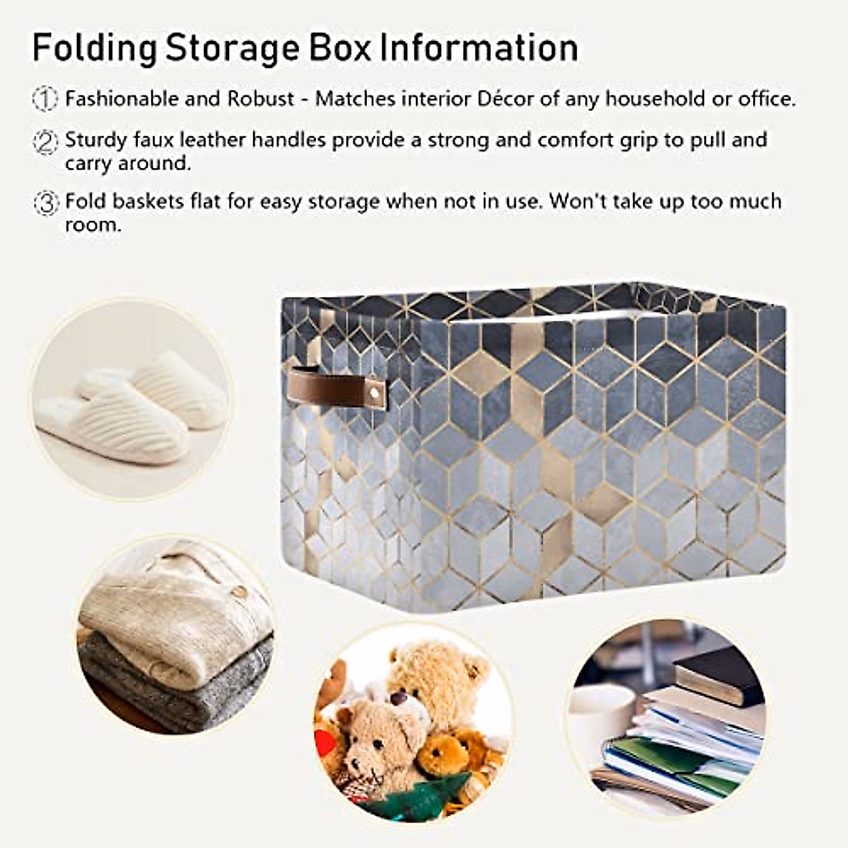 Foldable Storage Baskets, Marble Geometric Cubes Black White Storage Bins with Handles, Decorative Cloth Organizer Storage Boxes for Home|Office 15 x 11 x 9.5 in