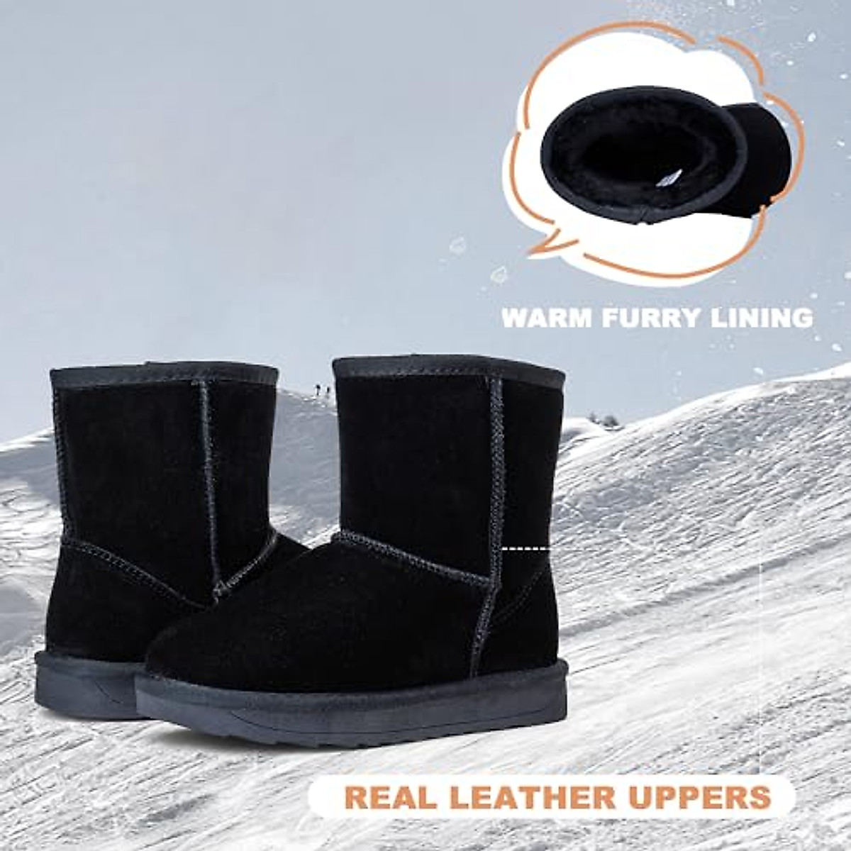 Vepose Boy's Girl's Snow Boots Black Cow Suede Leather Warm Classic Booties for Big Kids Size 4(CTX827 Black 04)