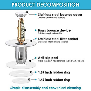 Drifop Universal Bathroom Sink Stopper, Pop-up Sink Drain Stopper, Sink Plug, Sink Strainer and Hair Catcher for 1.02-1.96” Bathroom Sink Drain Upgraded (Silver, 1 PCS)