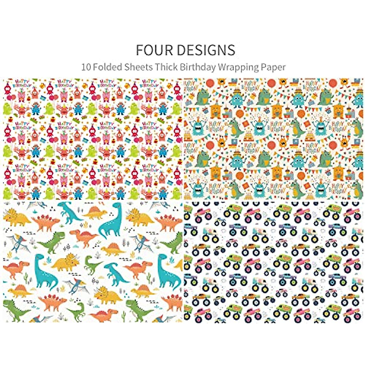 Camkuzon Birthday Wrapping Paper for Boys, Girls, Kids. 4 Cute Design Includes Monster,Car,Dinosaur.Gift Paper for Holiday,Party,Baby Shower-1 Pack Contains 10 Sheets-20 inch X 30 inch Per Sheet ,Folded Flat, Not Rolled