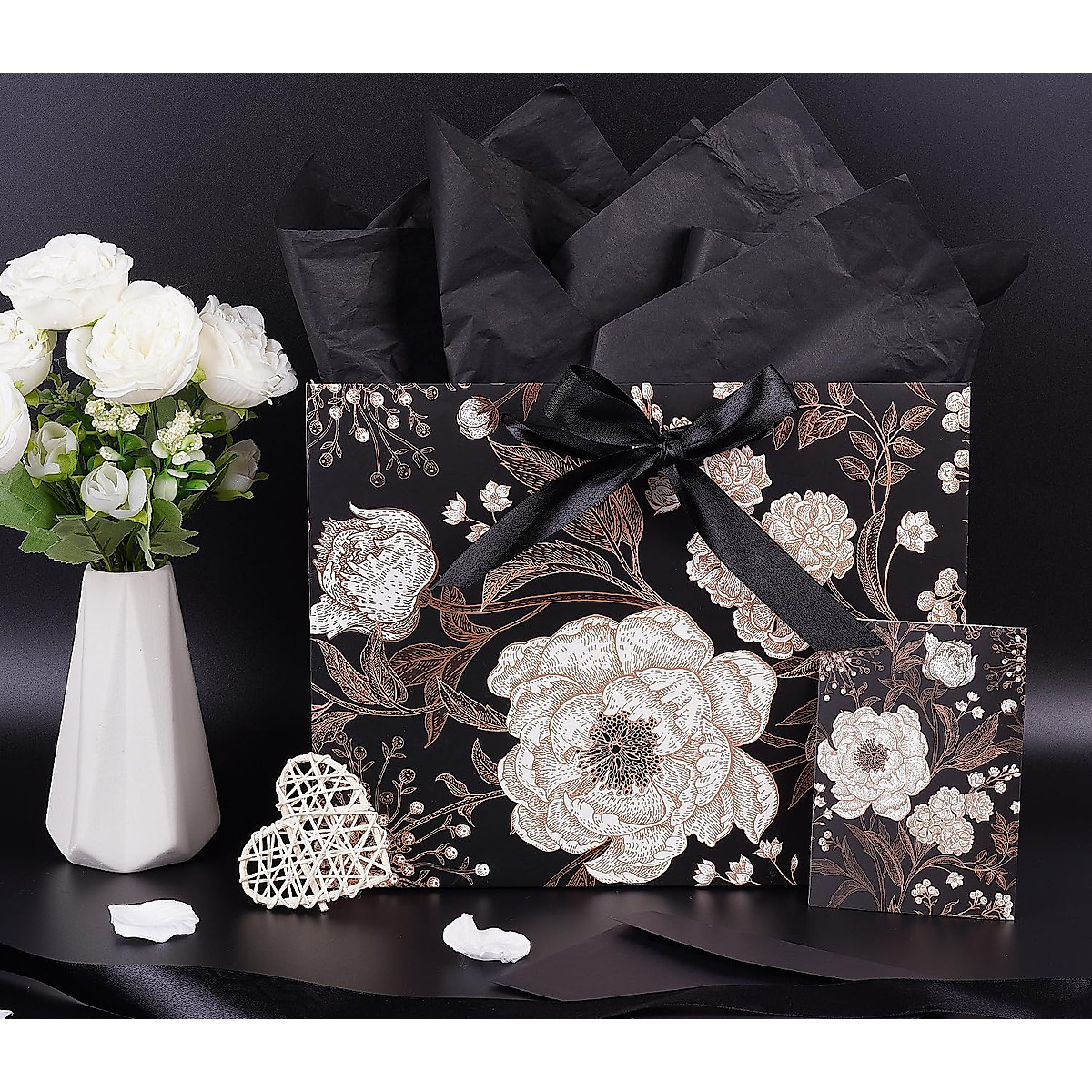 Jaywayang Large Black and Gold Vintage Floral Gift Bag with Card Ribbon and Tissue Paper for Wedding, Bridal Shower, Women Birthday, Mother's day, Anniversary- 12.6" x 10" x 5.1"