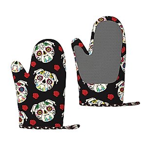 Oven Mitts Heat Resistant Silicone and Polyester Pug Sugar Skull Print Kitchen Mitts Thick Oven Gloves for Cooking, BBQ, Baking, Grill, Pizza Pair