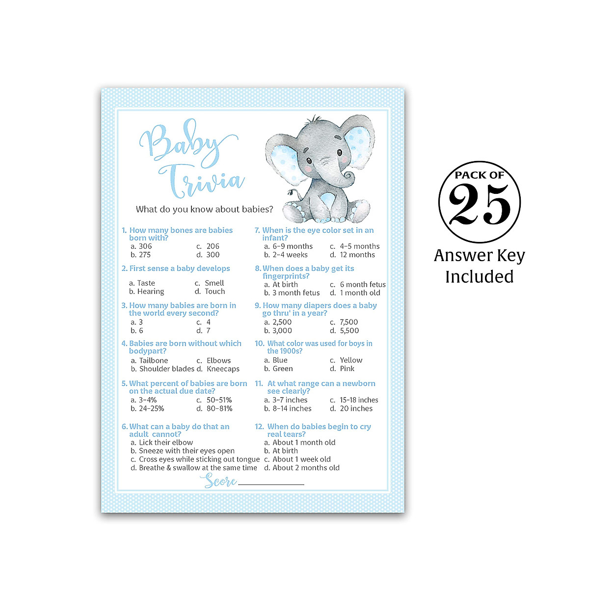 BLUE ELEPHANT Baby Shower Game — BABY TRIVIA Games — Pack of 25 — BOY Baby Shower Games, Fun Baby Facts Games, Baby Boy Shower Activity, Blue Polka Dot Baby Elephant Baby Shower Games, SKU G501-TRV