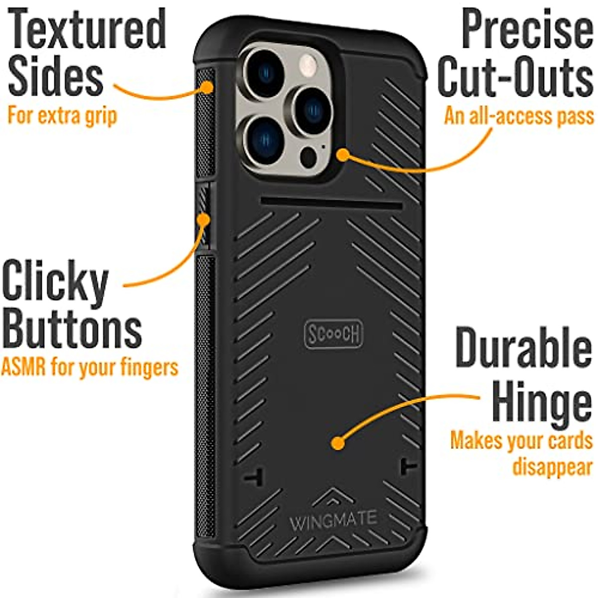 Scooch iPhone 14 Pro Max Case with Card Holder [Wingmate] iPhone 14 Pro Max Wallet Case with Hidden Card Slot and RFID Protection, Holds Up to 4 Cards, Military Grade Drop Protection, Black