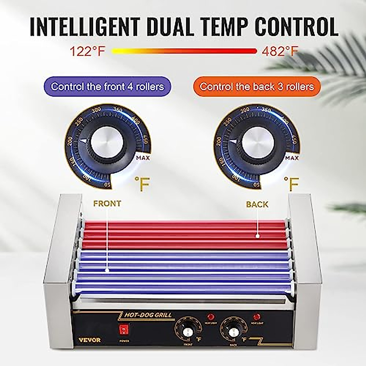 VEVOR Hot Dog Roller 7 Rollers 18 Hot Dogs Capacity 1050W Stainless Sausage Grill Cooker Machine with Dual Temp Control Glass Hood Acrylic Cover Bun Warmer Shelf Removable Oil Drip Tray, ETL Certified