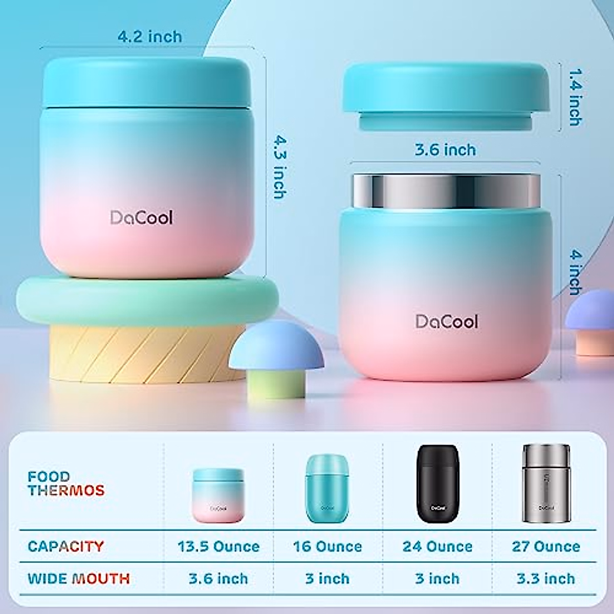 DaCool Kids Thermos for Hot Food Vacuum Stainless Steel Insulated Food Jar 13.5 OZ Kids Lunch Food Thermos Insulated Lunch Container Bento for School Office Picnic Travel Outdoors,Leakproof,BPA Free