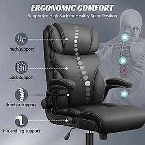 HeroSet Office Chair, Ergonomic Big and Tall Computer Desk Chairs, Executive Breathable Leather Chair with Adjustable High Back Flip-up Armrests, Lumbar Support Swivel PC Chair with Rocking Function