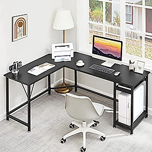 GreenForest L Shaped Computer Desk with Adjustable Storage Shelf, 59 inch Modern Long Corner Gaming Desk for Home Office Writing Laptop PC Workstation Space Saving, Black