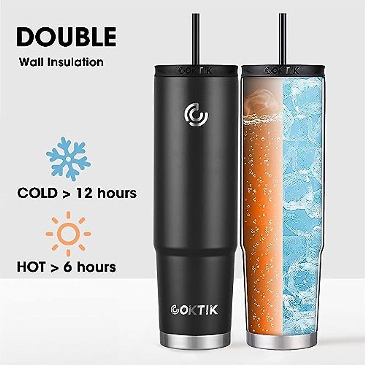 COKTIK 40 oz Insulated Tumbler with Straw, 3 Lids (Straw/Flip), Vacuum Insulated Travel Mug Stainless Steel Tumbler(1Pack,Black)