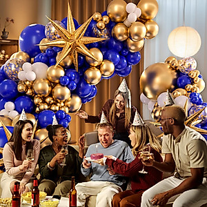 Royal Blue and Gold Balloon Garland Arch Kit, Blue and Gold Party Decorations with White Balloons Gold Confetti Latex Balloons for Anniversary Wedding New Year Graduation Birthday Party Decorations