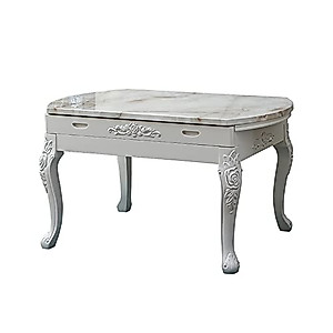 LITFAD Victorian Dining Room Table Set Stretchable Dining Table and Chairs for 6 Marble Top Wood Legs Dining Furniture Multifunctional Restaurant Table Set - 7 Piece Set White Table Light Blue Chairs