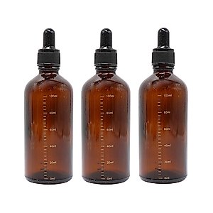 ericotry 3Pcs 100ML /3.4oz Empty Refillable Amber Glass Graduated Dropper Bottle Essential Oil Cosmetics Elite Fluid Container Jar Pot Holder with Glass Pipette Dropper