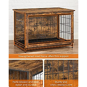 FEANDREA Dog Crate Furniture, Side End Table, Modern Kennel for Dogs Indoor up to 70 lb, Heavy-Duty Dog Cage with Multi-Purpose Removable Tray, Double-Door Dog House, Rustic Brown UPFC003X01