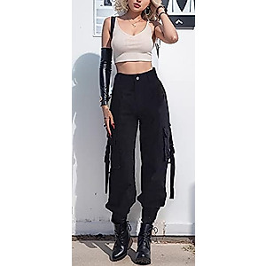 VANGULL Womens High Waisted Cargo Pants Pockets Casual Loose Combat Twill Trousers Girls Black