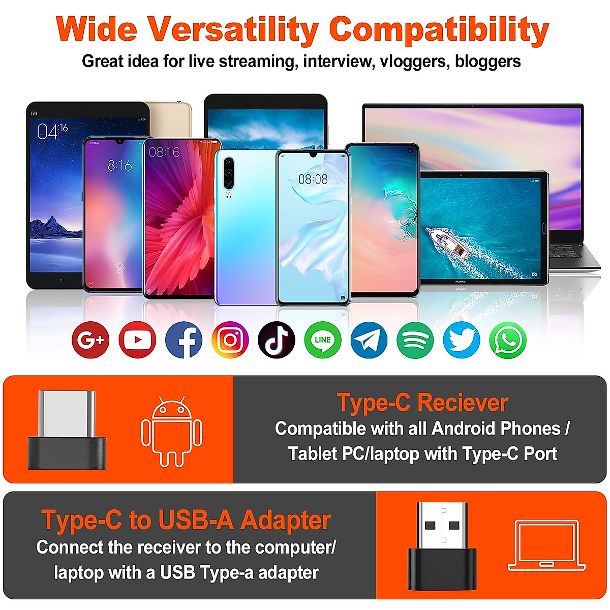 Wireless Lavalier Microphone for Android & PC,Plug&Play for YouTube,TikTok,Video Recording,Vloggers,Facebook Live Stream,Auto-Sync Noise Canceling Wireless Clip on Microphone(No Need App/Bluetooth)