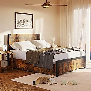 Alkmaar Full Bed Frame with Storage, Full Size Bed Frame with 4 Drawers and Headboard, Rustic Vintage Wood and Metal Bed Frame with Large Storage, Noise Free, No Box Spring Needed