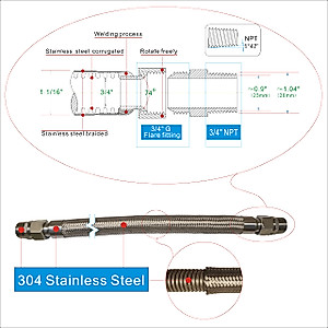 Industrial Grade Compressor Jumper Hose, 3/4" NPT Male x 48" Length, 750°F，450 PSI，Both Sides Fittings Rotate Freely，Flexible Whole body Stainless Steel Metal Hose