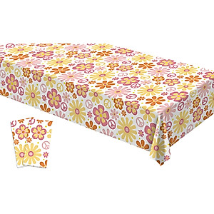 Buxiuer Groovy Tablecloth Retro Hippie Boho Daisy Birthday Party Decoration Disposable Plastic Table Cloth Waterproof Table Cover Dining Room Kitchen Decor 54 x108 Inch -Pack of 2