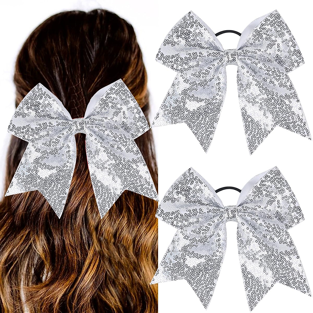 2 PCS 7" Large Glitter Cheer Bows Sequin Cheer Hair Bow Ties with Elastic Shiny Hair Bows Ponytail Holder Handmade for Cheerleader Girls Softball Sports Hair Accessories for Teens Kids(Silver)