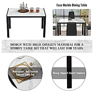 AWQM Marble Dining Table Set for 4, Rectangular Faux Marble Table and 4 PU Leather Chairs, 5 Pieces Kitchen Table Set,Ideal for Living Room, Dining Room,Breakfast Nook, White&Beige