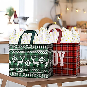 STYPOP 2 Pack 13" Large Christmas Gift Bags with Tissue Paper, Reusable Christmas Tote Bags with Handles, Non-Woven Holiday Gift Bags for Christmas Gift Wrap/Party Favor Supplies, 12.8"*10.2"*6.3"
