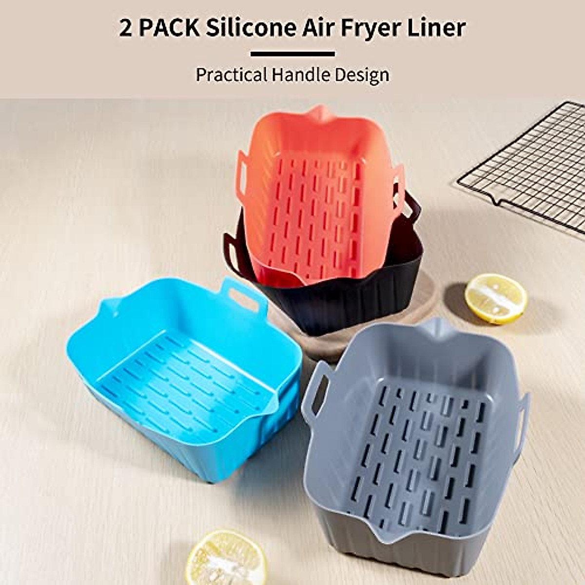 2Pcs Air Fryer Silicone Liners, Reusable Air Fryer Rectangular Pot, Fit for 8QT Air Fryer, Easy Cleaning (Red+Gray)