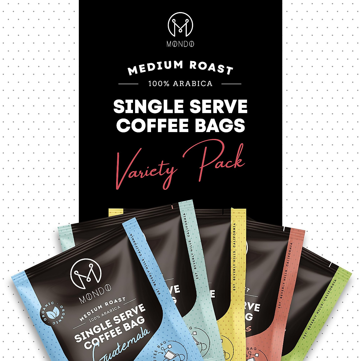 Mondo Single Serve Coffee Bags (20 Cups) Variety Pack - Organic, Medium Roast - Disposable, Portable Coffee Filters for Camping and Travel, Sampler Box of 5 Ground Coffee Flavors