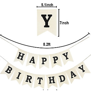 Burlap Happy Birthday Banner, Assembled Reusable Black Happy Birthday Sign for Rustic Birthday Party Decorations