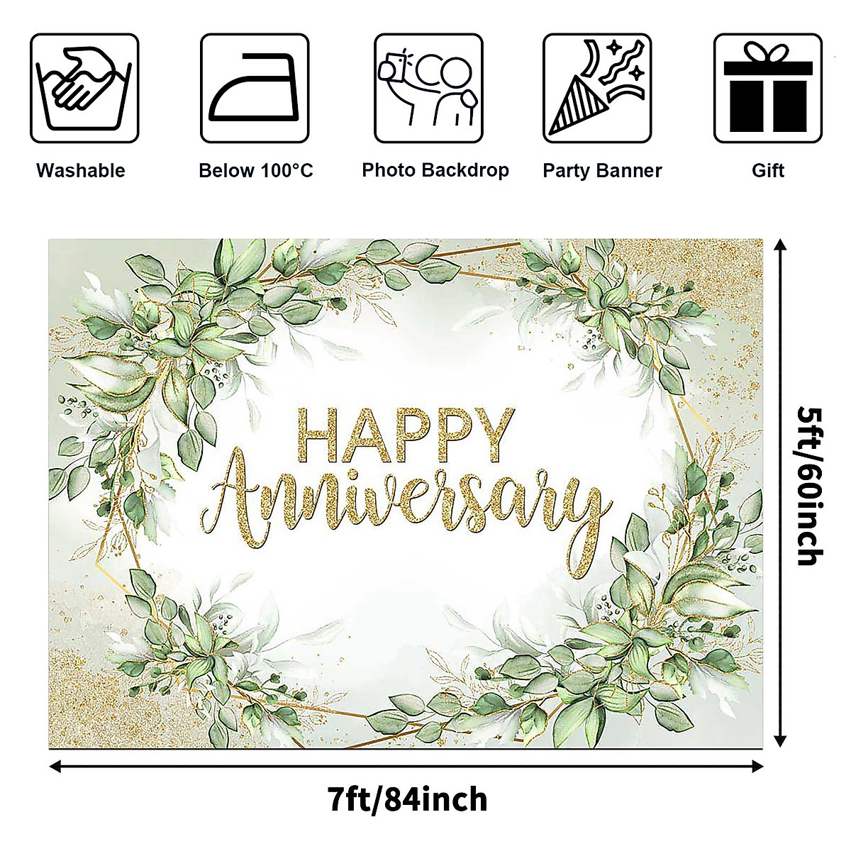 Avezano Happy Anniversary Backdrop Sage Green Leaves Happy Anniversary Banner Cheers to Marriage Wedding Anniversary Party Decorations Memorial Portrait Photo Booth Background (7x5ft)