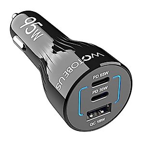 WOTOBEUS 95W USB C Car Charger Adapter PD 65W PPS 45W+30W+18W Super Fast Charging Type-C LED Cigarette Lighter for iPhone 14 13 12 Pro Plus Max Samsung Galaxy S23/22/21 Ultra iPad MacBook Laptop Pixel