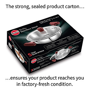 Hawkins 1.5 Litre Deep Fry Pan, Triply Stainless Steel Kadai with Glass Lid, Flat Bottom Induction Kadhai, Small Kadai, Silver (SSD15G)