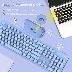 Wireless Keyboard and Mouse Combo, Retro Typewriter Keyboard Wireless 104 Keys Full Size with Silent Round Keycaps, Bluetooth 5.1 & 2.4G Wireless Dual Mode Rechargeable Compatible PC/Laptop/Mac (Blue)