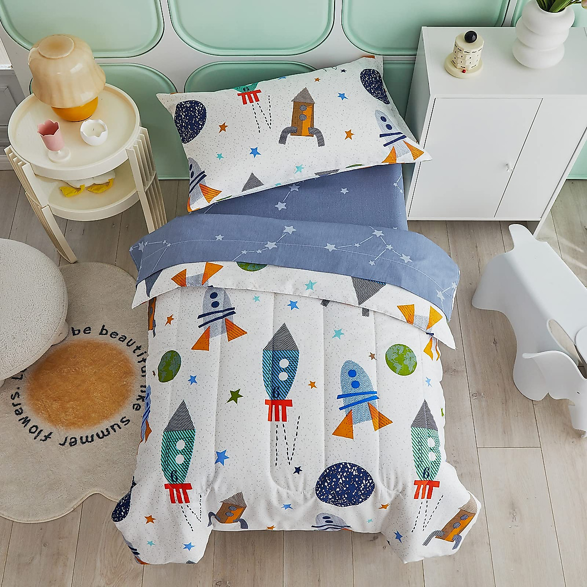 100% Cotton 4 Pieces White Space Toddler Bedding Set with Colorful Rocket Stars and Planet Includes Adorable Quilted Comforter, Blue Gray Fitted Sheet, Top Sheet, and Pillow Case for Boys Girls