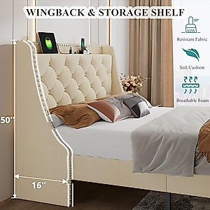 iPormis Queen Bed Frame with Deluxe Wingback & 2 USB Ports, Button Tufted Storage Headboard, Solid Wood Slats Support, No Box Spring Needed, Beige