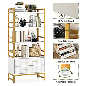 Tribesigns Bookshelf with Drawers, 65” Tall Ladder Shelf Bookcase with Storage, Modern White and Gold Bookcases and Book Shelves 4 Shelf Organizer, Metal Wood Book Shelving Unit for Bedroom, Office
