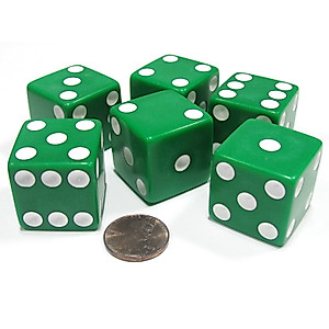 Koplow Games Set of 6 D6 25mm Large Opaque Jumbo Dice - Green with White Pip
