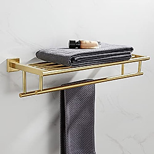 VELIMAX Bathroom Towel Rack, Bathroom Shelf with Towel Bar, Gold Towel Rack Wall Mounted, 18/8 Stainless Steel, Contemporary, Heavy Duty and Rustproof, 23.6-Inch