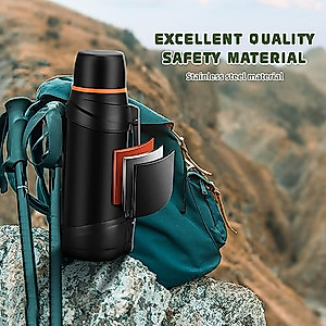 Beyoung 2000ML Large Coffee Thermoses for Cold & Hot, Portable 304 Stainless Steel Classic Vacuum Bottle with Plastic Cup and Hidden Strap for Sports Hiking Fishing (Black)