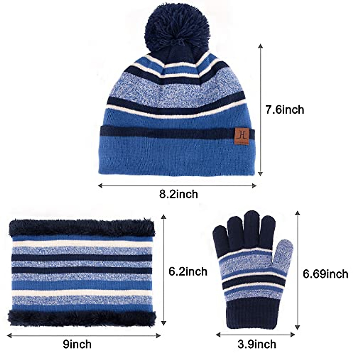 Fancosni Winter Gloves Beanie and Hat for Kids Set, Toddler Winter Hat for Children Boys and Girls 2 3 4 5 6 Age, Scarf Neck Warmer, Touch Screen Gloves Beanie Cap for Cold Winter, 3pcs Blue
