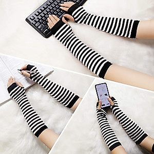 Bienvenu Punk Gothic Rock Long Arm Warmer Fingerless Gloves, Black White