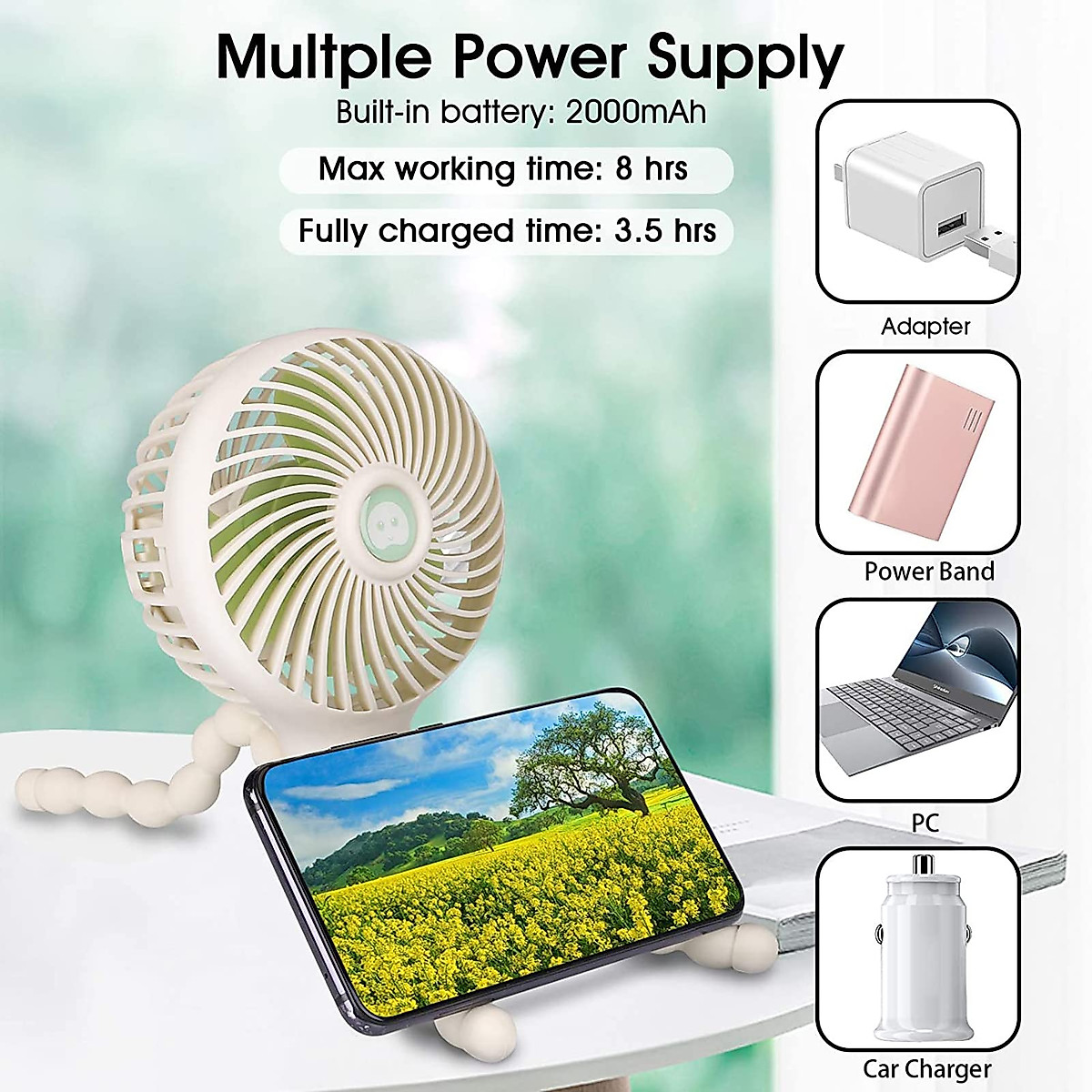 Mini Handheld Stroller Fan, Personal Portable Fan Baby Car Seat Clip-On Fan with DIY Flexible Tripod, USB Rechargeable Fan Adjustable 3 Speeds for Bedroom, Outdoor, Camping, Bike, BBQ