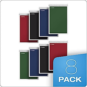 TOPS Spiral Steno Books 8 Pack, 6" x 9", Gregg Rule White Paper, Assorted Covers, 80 Sheets per Book/8 Books per Pack, Red, Black, Blue, Green (80219)