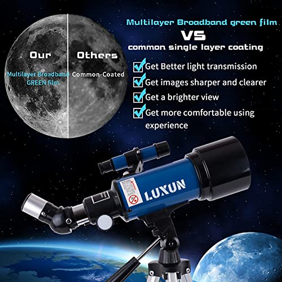 LUXUN Telescope for Astronomy Beginners Kids Adults, 70mm Aperture 400mm Astronomical Refracting Portable Telescope - Travel Telescope (40070-blue)