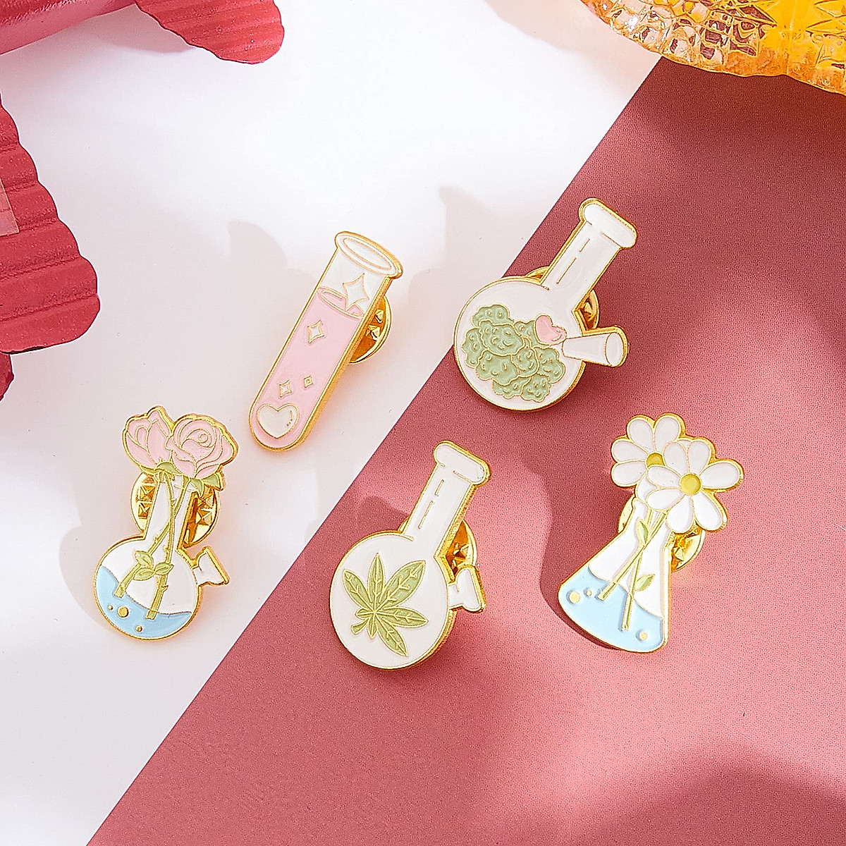 10 Pieces Pin Brooches Cute Floral Kawaii Pins Flask Test Tube Backpack Pins Aesthetic Spring Flower Plant Pins Set for Jackets Lapel Scientist Pins for Backpacks Clothes Caps Bags