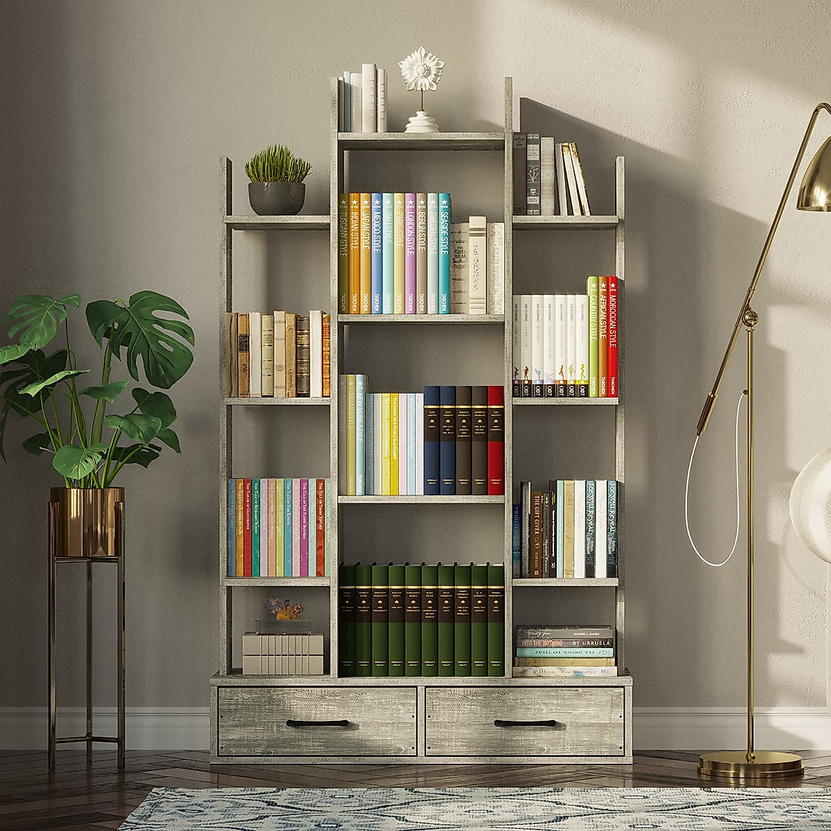 Rolanstar Bookshelf with 2 Wooden Drawers, Rustic Wood Bookshelves, Free Standing Book Shelf Industrial Shelf Free Standing Storage Shelf for Bedroom, Living Room, Home Office, Light Grey