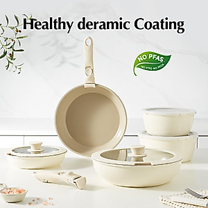 Redchef Ceramic Pots and Pans Set, Nonstick Kitchen Cookware Set with Detachable Handle, Non Toxic Cookware Set 16pcs, PFAS PFOA & PTFE Free, RV Ceramic Cookware Set for Camping, Dishwasher/Oven Safe