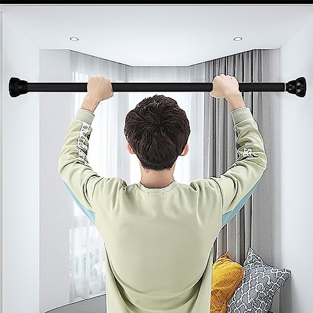 Alipis Free Punching Telescopic Pole Bathroom Shower Curtain Rod Clothes Drying Rod Retractable Clothes Rail Shower Curtain Rods Spring Tension For Closet,Curtain(Black)