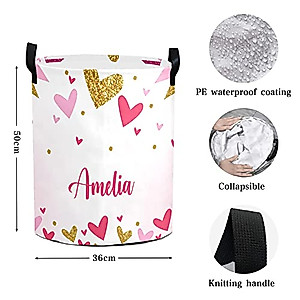 Valentines Hearts Pink Personalized Laundry Basket Clothes Hamper with Handles Waterproof ,Collapsible Laundry Storage Baskets for Bathroom,Bedroom Decorative 19.7"Hx14.2"D
